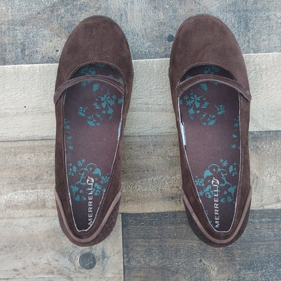 Merrell | Shoes | Merrell Petunia Brown Leather Mary Jane Wedge Sz 8 ...